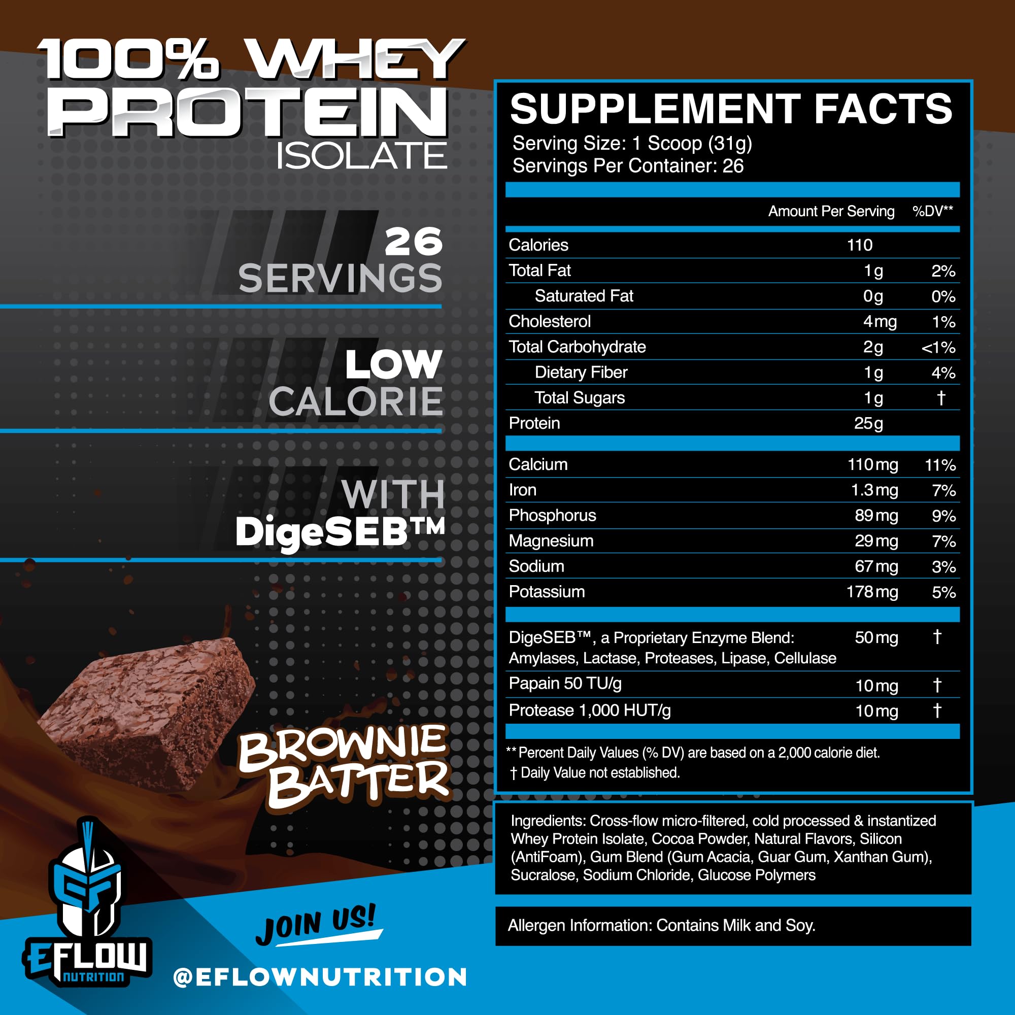 eFlow Nutrition 100% Whey Protein Isolate - Gluten & Lactose-Free Digestive Enzymes Added, Low Carb, Post Workout Shake, Fast Digesting for Optimal Muscle Recovery - Brownie Batter (26 Servings)