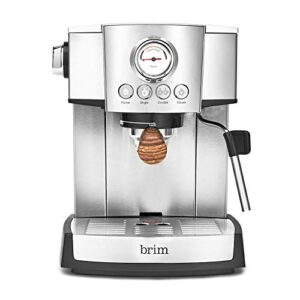 brim 15 bar espresso machine, cappuccino, americano, latte and espresso maker, milk steamer and frother, removable parts for easy cleaning, stainless steel/wood accents, wood finish handle (50030)