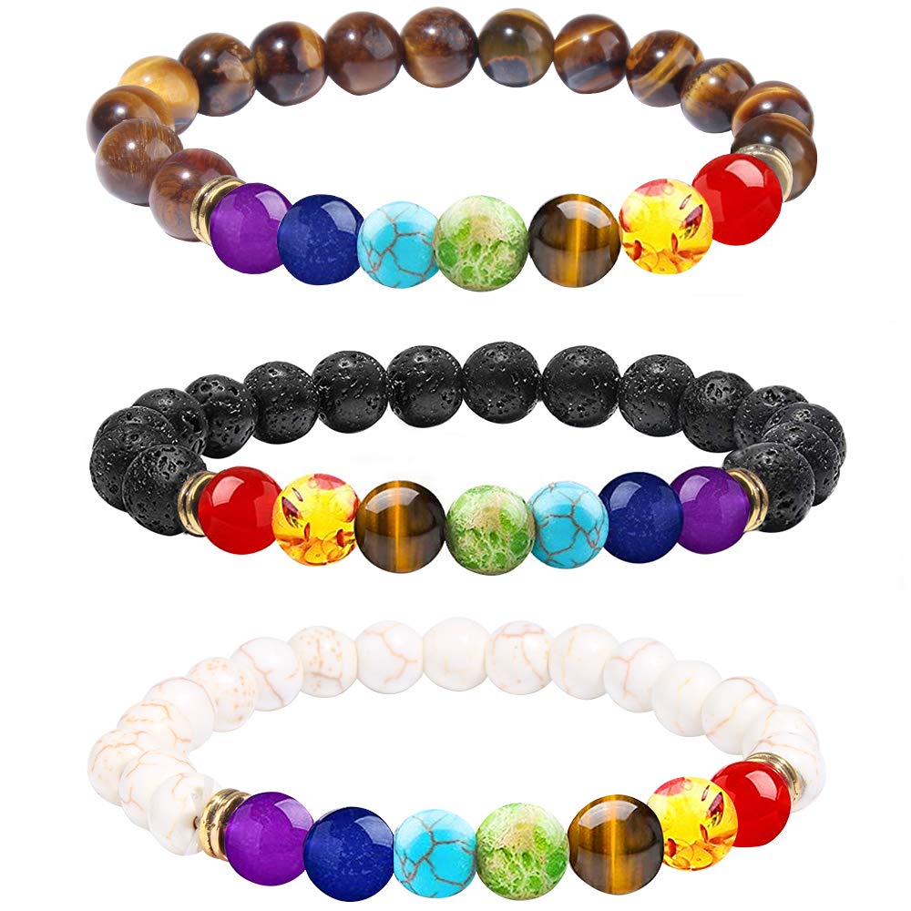 ONESING 3 Pcs Chakra Bracelets for Women Rock 7 Chakras Crystals and Healing Stones Bracelets 8mm Crystal Bracelets Yoga Beaded Bracelets for Women Men Essential Oil Diffuser