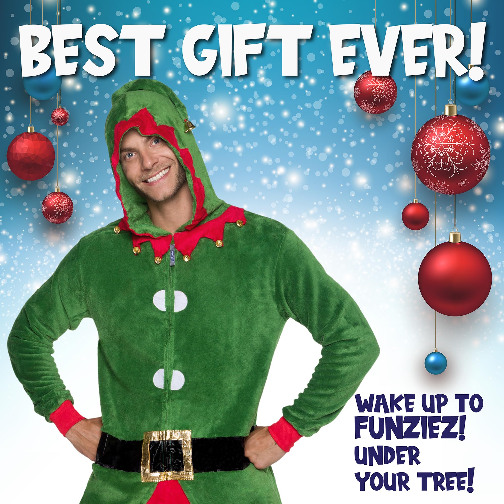 Funziez! Christmas Adult Onesie - Santa, Snowman, Elf Costume - Holiday One Piece Cosplay Suit for Adults, Women and Men Stocking Gift