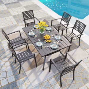 phi villa 7-piece metal patio outdoor table and chairs outdoor dining set - 60" patio table with umbrella hole and 6 backyard garden chairs, black