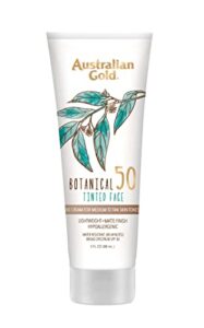 australian gold botanical spf 50 tinted mineral sunscreen for face, non-chemical bb cream, water-resistant, matte finish, for sensitive facial skin, medium to tan skin tones, 3 fl oz