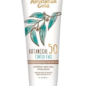 Australian Gold Botanical SPF 50 Tinted Mineral Sunscreen for Face, Non-Chemical BB Cream, Water-Resistant, Matte Finish, For Sensitive Facial Skin, Medium to Tan Skin Tones, 3 FL Oz