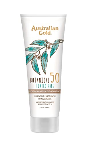 Australian Gold Botanical SPF 50 Tinted Mineral Sunscreen for Face, Non-Chemical BB Cream, Water-Resistant, Matte Finish, For Sensitive Facial Skin, Medium to Tan Skin Tones, 3 FL Oz