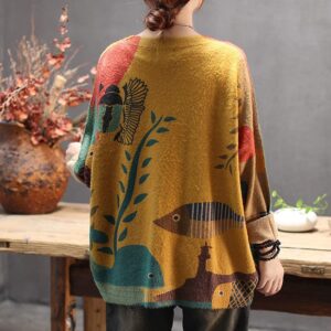 YESNO Women Sweater Graphic Oversized Pullover Sweaters Casual Loose Long Sleeve Knit Tops L S01 CR19