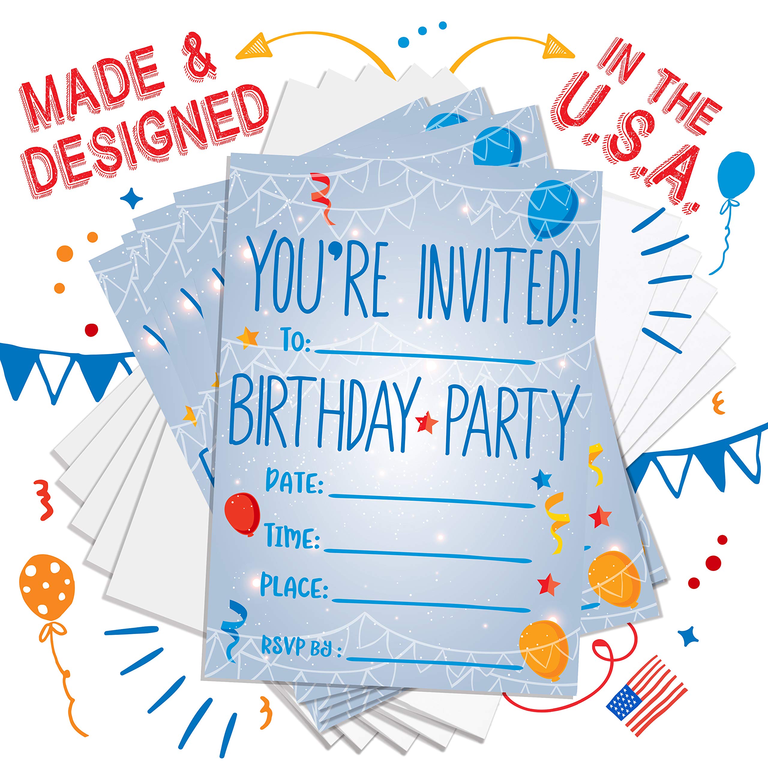 Drake Mason Party Invitations for Boys, Girls, Kids | 25 Invite Cards with Envelopes | Birthday Party Supplies… (Blue)