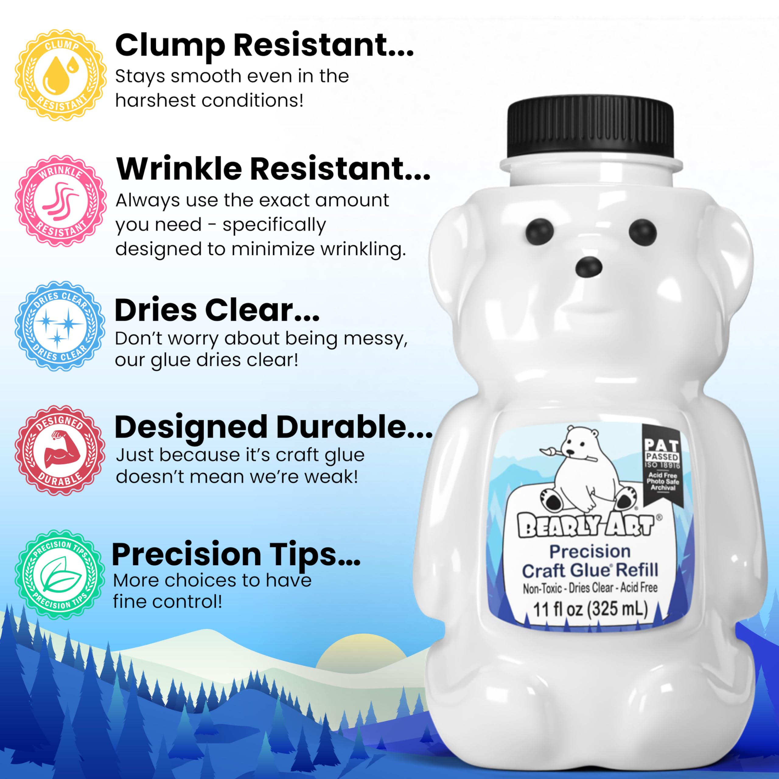 Bearly Art Precision Craft Glue 11fl oz Refill - Archival Acid Free - Dries Clear - Wrinkle Resistant - Flexible and Crack Resistant - Strong Hold Designed Tough - Made in USA