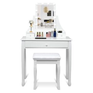 CHARMAID Vanity Set with Lighted Mirror, Makeup Table with 10 LED Dimmable Bulbs, 3 Drawers, 2 Dividers, Modern Bedroom Dressing Table Vanity Desk with Stool for Women Girls (White)