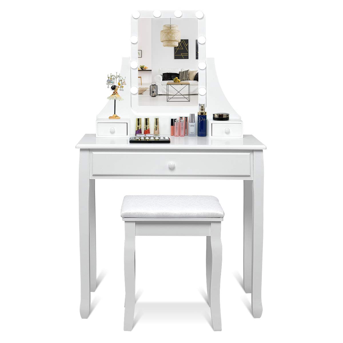 CHARMAID Vanity Set with Lighted Mirror, Makeup Table with 10 LED Dimmable Bulbs, 3 Drawers, 2 Dividers, Modern Bedroom Dressing Table Vanity Desk with Stool for Women Girls (White)