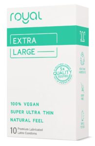 royal extra large ultra thin vegan condoms for men - premium lubricated natural condom - unflavored lubricant, organic latex - odorless, snug, natural feel - safe & durable - 10 pack