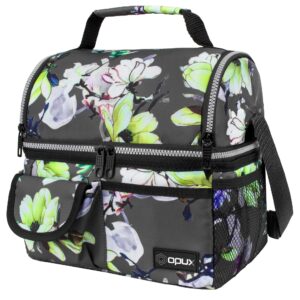 opux lunch bag women insulated, adult lunch box cooler, flower lunch box, dual compartment lunchbox for work, leakproof double decker lunch bag, soft lunch pail tote girls kids school, floral gray