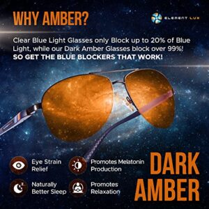 ELEMENT LUX Blue Light Blocking Glasses 99% Amber Dark Blue Blocker Glasses - For Better Sleep, Eye Strain, Migraine Relief, Gaming, Computer Screen Filter - Men and Women (Large-XL)