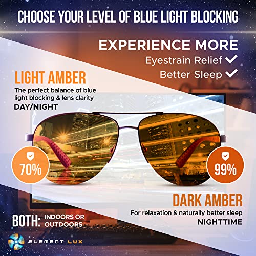 ELEMENT LUX Blue Light Blocking Glasses 99% Amber Dark Blue Blocker Glasses - For Better Sleep, Eye Strain, Migraine Relief, Gaming, Computer Screen Filter - Men and Women (Large-XL)