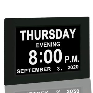 jall 【new 2024】 digital calendar alarm day clock - with 8" large screen display, am pm, multiple alarms, for impaired vision people, the aged seniors, the dementia, for desk, wall mounted, black