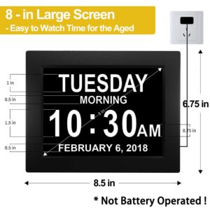 JALL 【New 2024】 Digital Calendar Alarm Day Clock - with 8" Large Screen Display, am pm, Multiple Alarms, for Impaired Vision People, The Aged Seniors, The Dementia, for Desk, Wall Mounted, Black