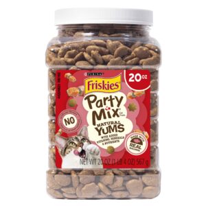 purina friskies natural cat treats party mix natural yums with real salmon and added vitamins, minerals and nutrients - 20 oz. canister