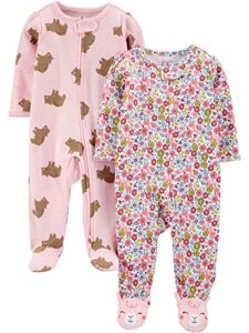 simple joys by carter's baby girls' cotton sleep and play, pack of 2, pink bear/white floral, 0-3 months