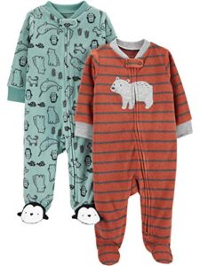 simple joys by carter's baby boys' 2-pack fleece footed sleep and play, rust stripe/spruce green forest animals, 6-9 months