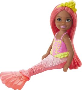 barbie dreamtopia chelsea mermaid doll with coral-colored hair & tail, royal headband accessory, small doll bends at waist