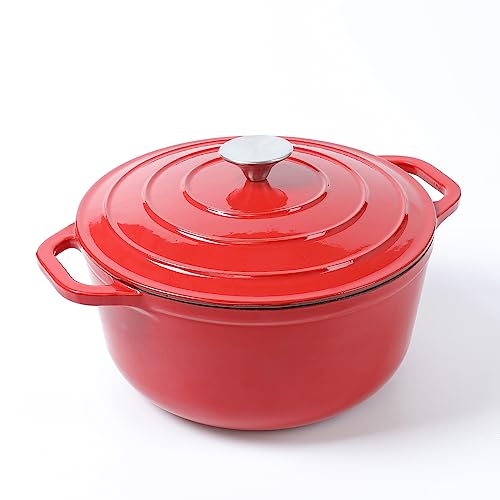 HAWOK Enameled Cast Iron Dutch Oven with Lid, 5 Quart, Deep Round Dutch Oven with Dual Handles, Red