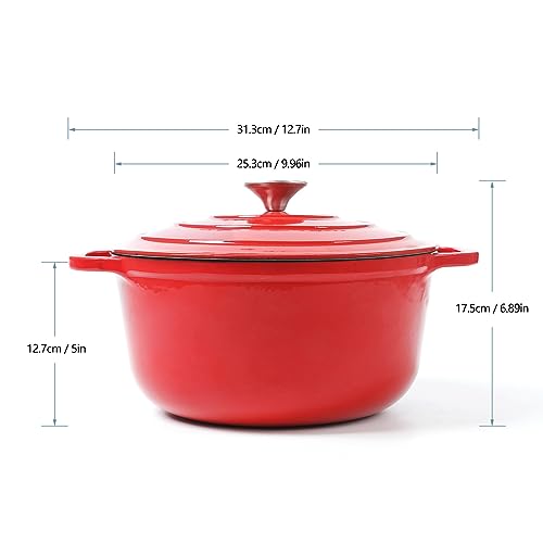 HAWOK Enameled Cast Iron Dutch Oven with Lid, 5 Quart, Deep Round Dutch Oven with Dual Handles, Red