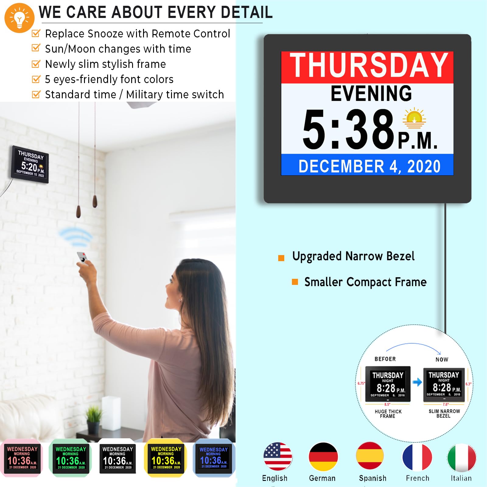 Véfaîî Digital Clock 2.0 with Date and Time for Elderly, 19 Alarms Custom Reminders, Dementia Clock for Seniors, Loud Alarms, Auto DST, Memory Function, Easy to Read (8" Large Black)