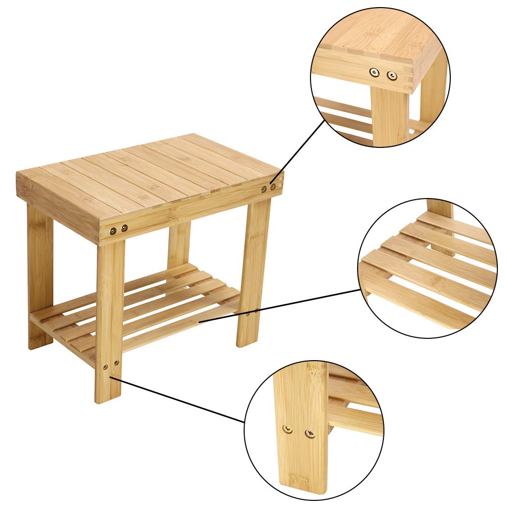 KKTONER Bamboo Step Stool with Storage Shower Bench with Shelf Foot Stool for Bathroom Living Room Bedroom Natural Color