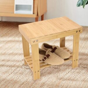 KKTONER Bamboo Step Stool with Storage Shower Bench with Shelf Foot Stool for Bathroom Living Room Bedroom Natural Color