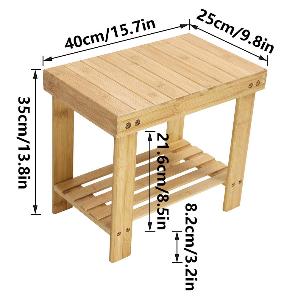 KKTONER Bamboo Step Stool with Storage Shower Bench with Shelf Foot Stool for Bathroom Living Room Bedroom Natural Color