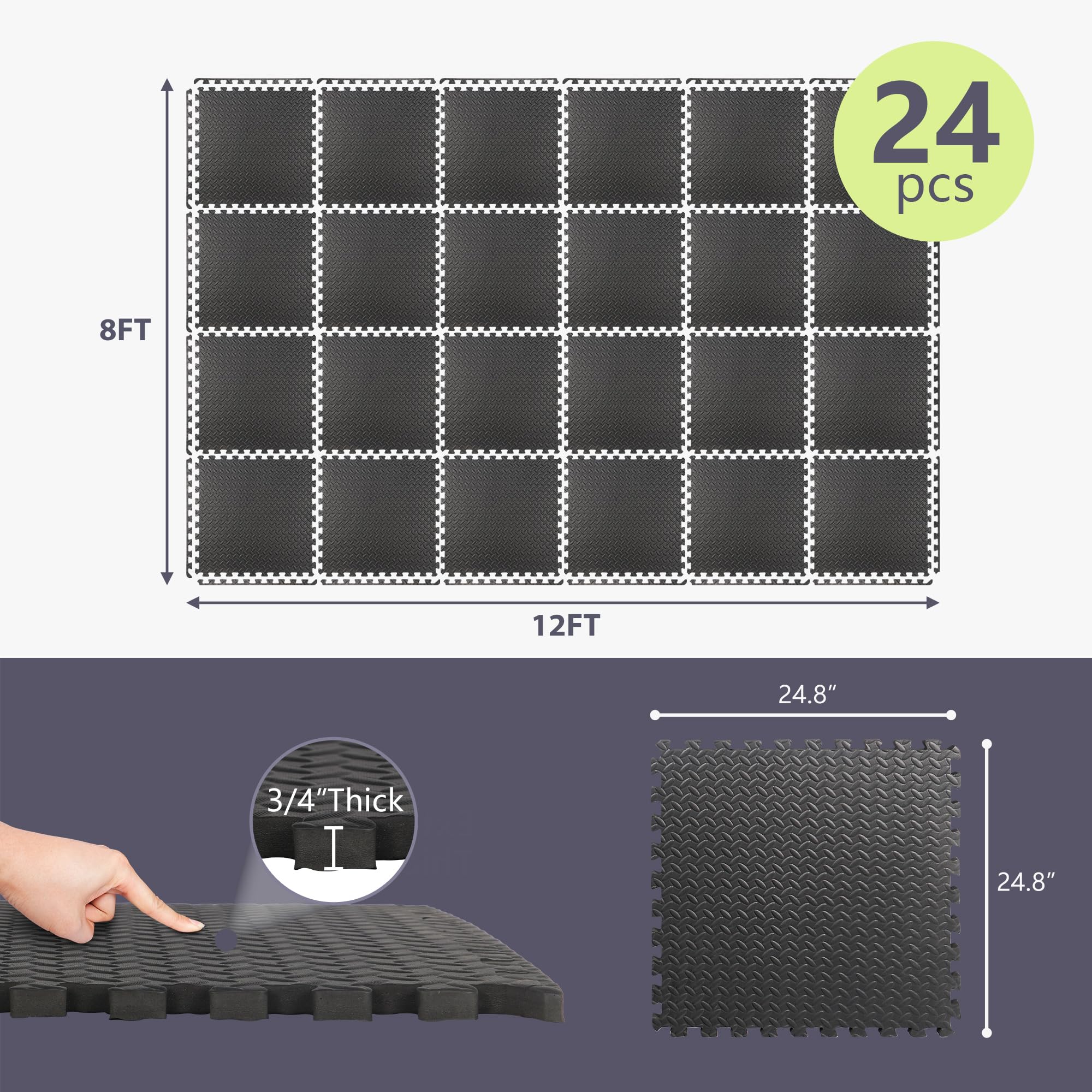 Oteymart 24 Pieces Puzzle Exercise Mat Extra Thick 3/4 Inches EVA Foam Interlocking Tiles Floor Gymnastics Mat Fitness Equipment Mat for Home Protective Flooring Cushion(96 Square feet)