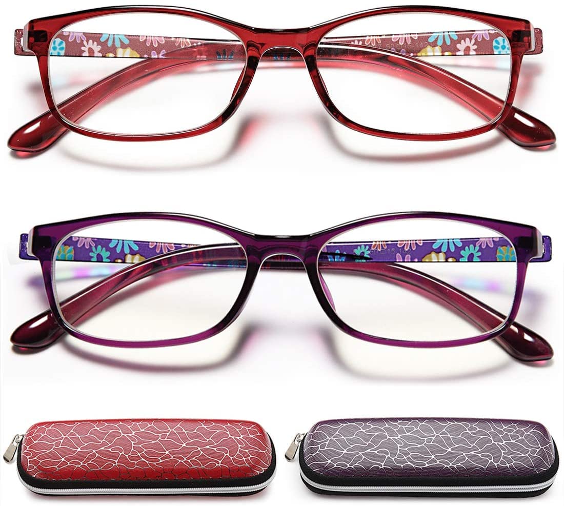 EYEURL Reading Glasses Women Blue Light Blocking - Set of 2 Pattern Design Value Computer Readers (Purple/Red, 1.5)