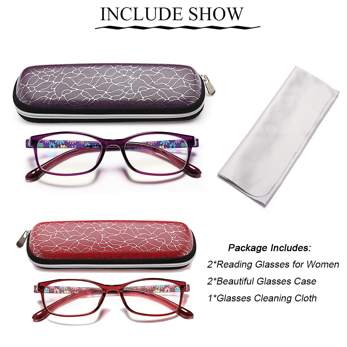 EYEURL Reading Glasses Women Blue Light Blocking - Set of 2 Pattern Design Value Computer Readers (Purple/Red, 1.5)