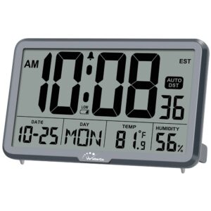 wallarge auto digital wall clock with temp, humidity, date, alarm - for elderly, office, 8 time zones, auto dst