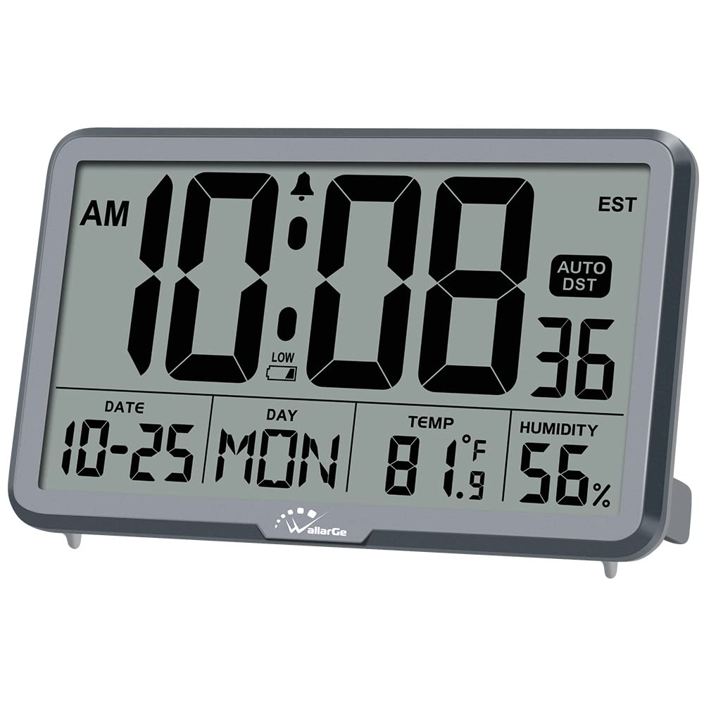 WallarGe Auto Digital Wall Clock with Temp, Humidity, Date, Alarm - For Elderly, Office, 8 Time Zones, Auto DST