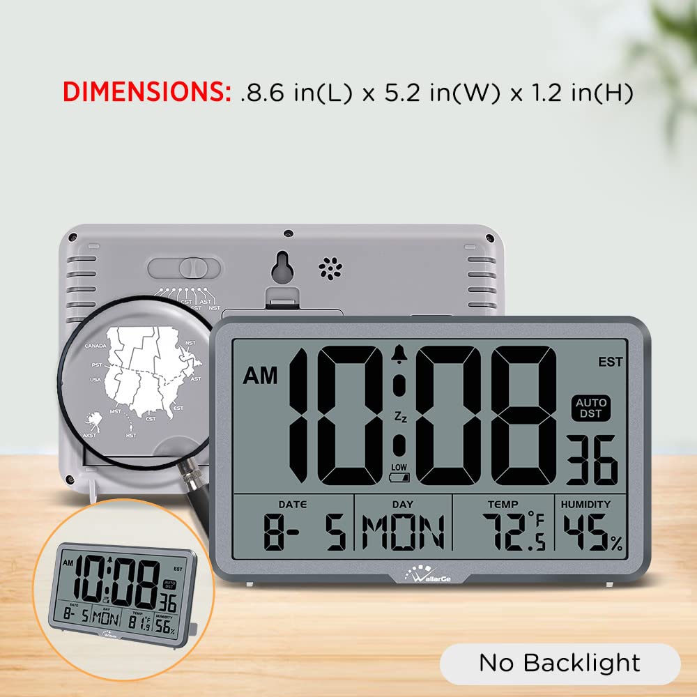 WallarGe Auto Digital Wall Clock with Temp, Humidity, Date, Alarm - For Elderly, Office, 8 Time Zones, Auto DST