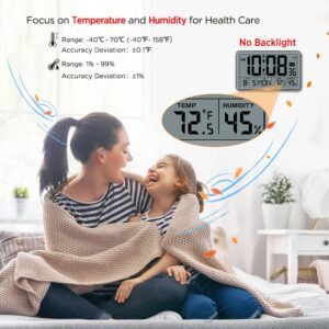 WallarGe Auto Digital Wall Clock with Temp, Humidity, Date, Alarm - For Elderly, Office, 8 Time Zones, Auto DST