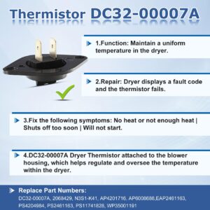 DC47-00016A Thermal Fuse & DC96-00887A Thermal Fuse & DC32-00007A Dryer Thermistor & DC47-00018A Thermostat Dryer Kit Replacement Part-Compatible with samsung lg & kenmore Dryers