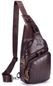 bullcaptain leather men sling bag casual crossbody chest bags travel daypack (brown)