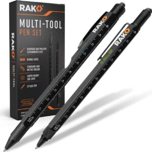 rak multi-tool 2pc pen set - led light, touchscreen stylus, ruler, level, bottle opener, phillips screwdriver, flathead, and ballpoint pen