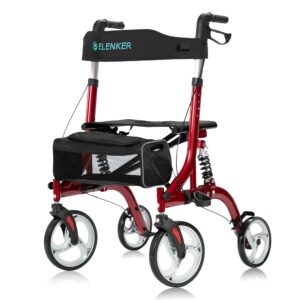 elenker rollator walker with seat, 10”front wheels, with shock absorber & carrying pouch, lightweight compact folding design for seniors (red)