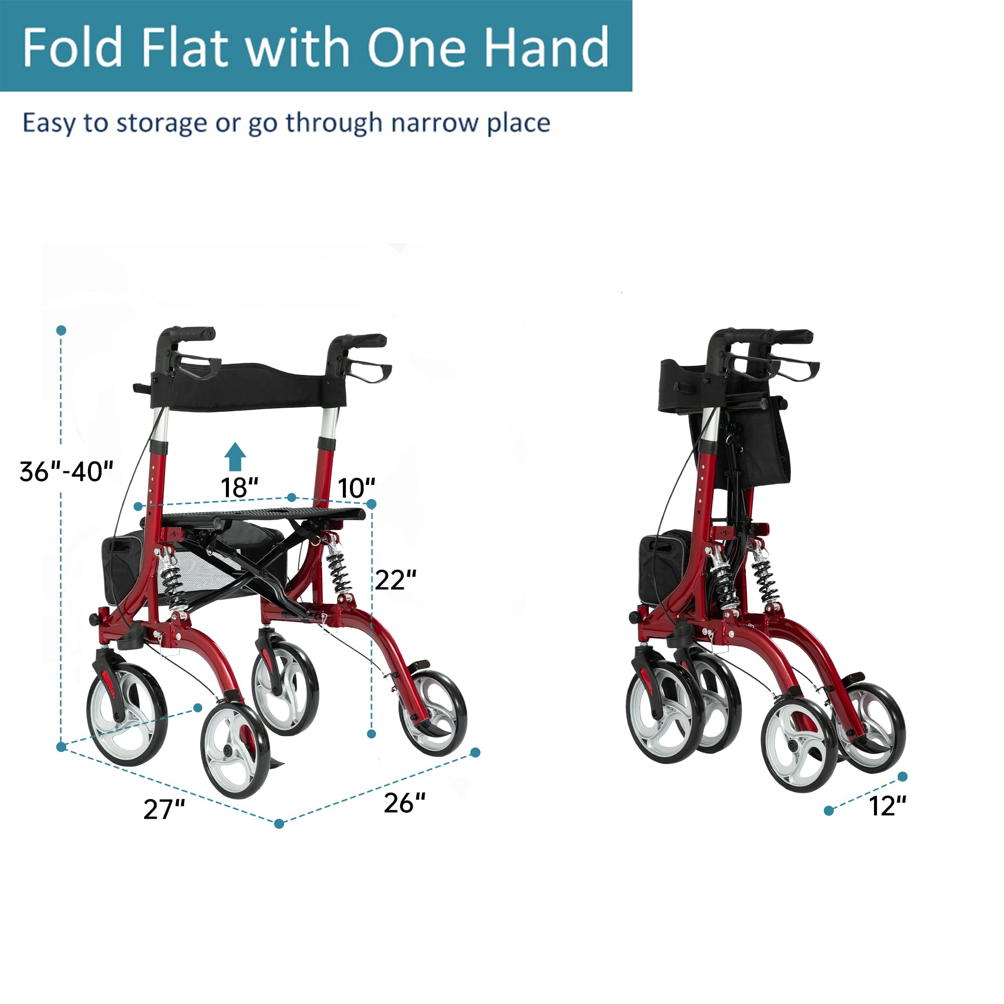 ELENKER Rollator Walker with Seat, 10”Front Wheels, with Shock Absorber & Carrying Pouch, Lightweight Compact Folding Design for Seniors (Red)