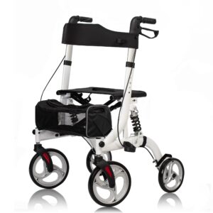 elenker rollator walker with seat, 10”front wheels, with shock absorber & carrying pouch, lightweight compact folding design for seniors (white)