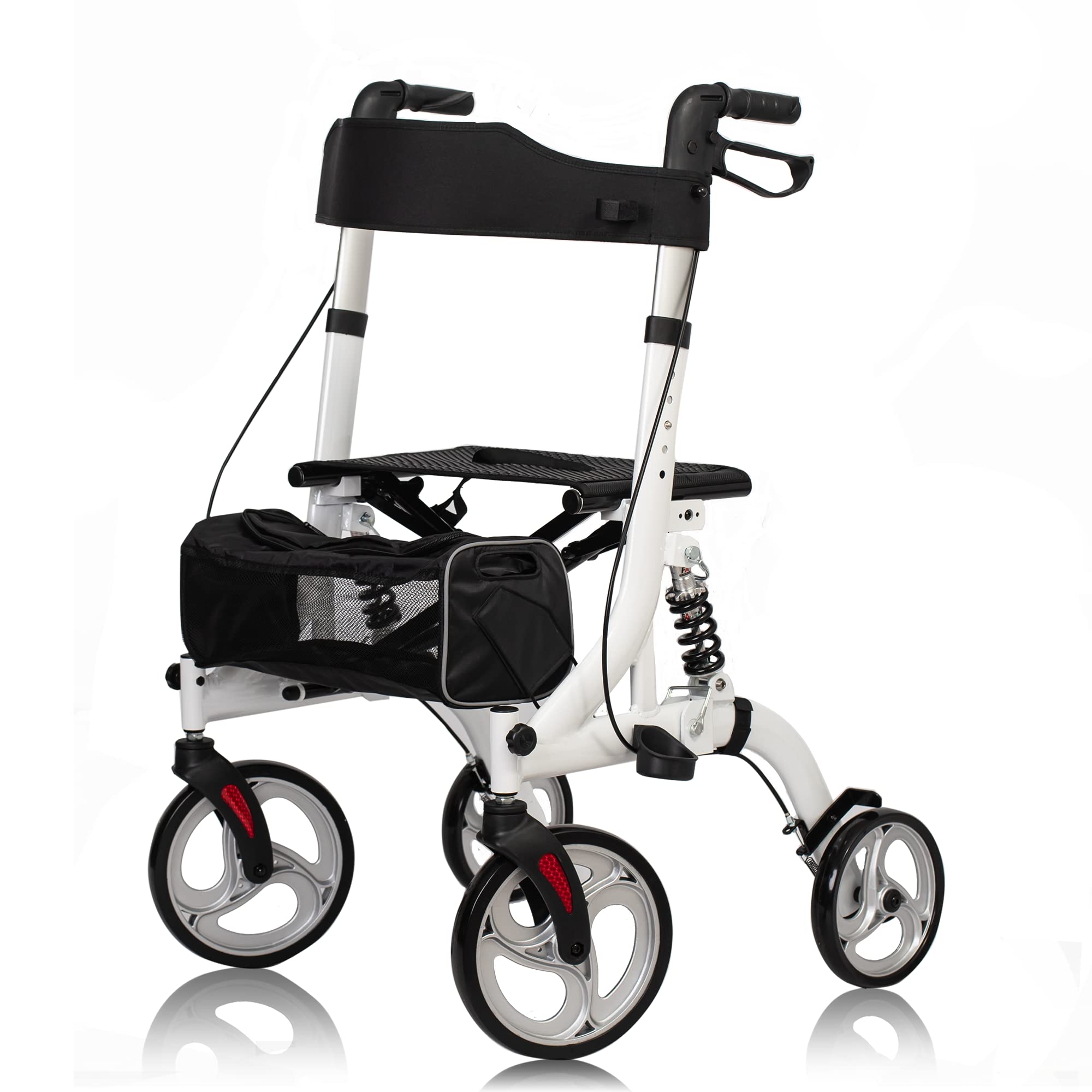 ELENKER Rollator Walker with Seat, 10”Front Wheels, with Shock Absorber & Carrying Pouch, Lightweight Compact Folding Design for Seniors (White)