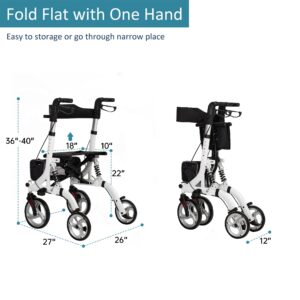 ELENKER Rollator Walker with Seat, 10”Front Wheels, with Shock Absorber & Carrying Pouch, Lightweight Compact Folding Design for Seniors (White)