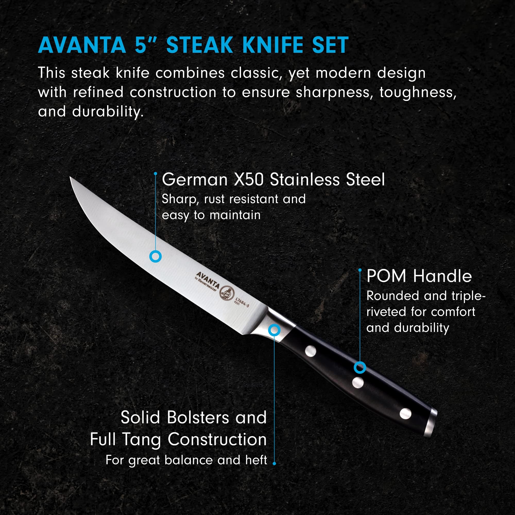 Messermeister Avanta 5” Fine Edge Steak Knife Set - German X50 Stainless Steel - Rust Resistant & Easy to Maintain - Includes 4 Steak Knives