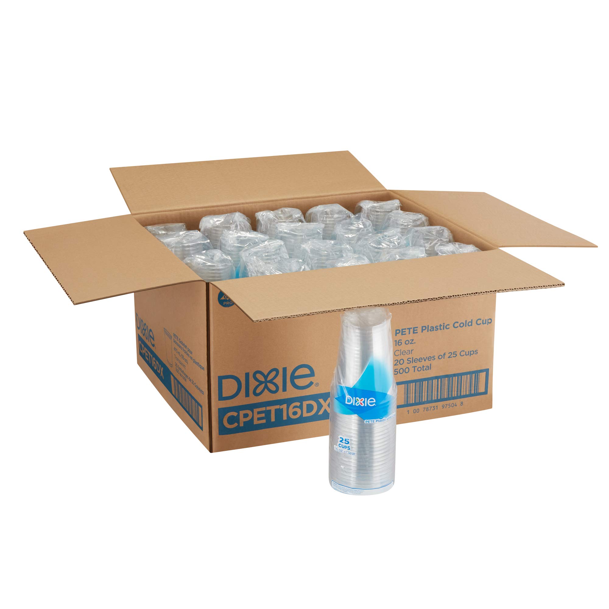 Dixie 16 oz. PETE Plastic Cold Cups by GP PRO (Georgia-Pacific), Clear, CPET16DX, 500 Cups (25 Cups Per Sleeve, 20 Sleeves Per Case)