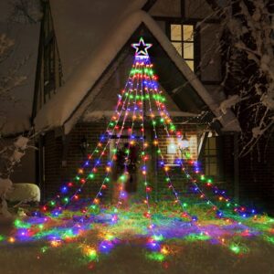 toodour christmas lights, 317 led 10ft x 9 outdoor christmas decorations lights with 12" topper star, 8 lighting modes outside christmas tree lights (multicolor)