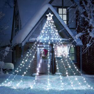 toodour christmas lights, 317 led 10ft x 9 outdoor christmas decorations lights with 12" topper star, 8 lighting modes outside christmas tree lights (white)