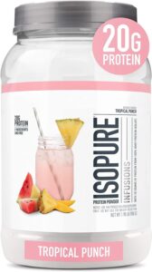 isopure protein powder, clear whey isolate protein, post workout recovery drink mix, gluten free with zero added sugar, infusions- tropical punch, 36 servings