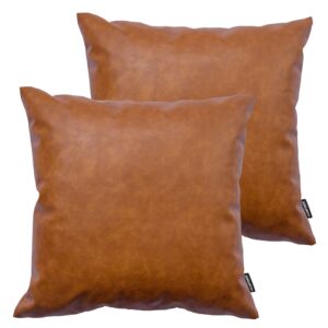 homfiner faux leather throw pillow covers, 18 x 18 inch set of 2 thick cognac brown modern solid decorative square bedroom living room cushion cases for couch bed sofa